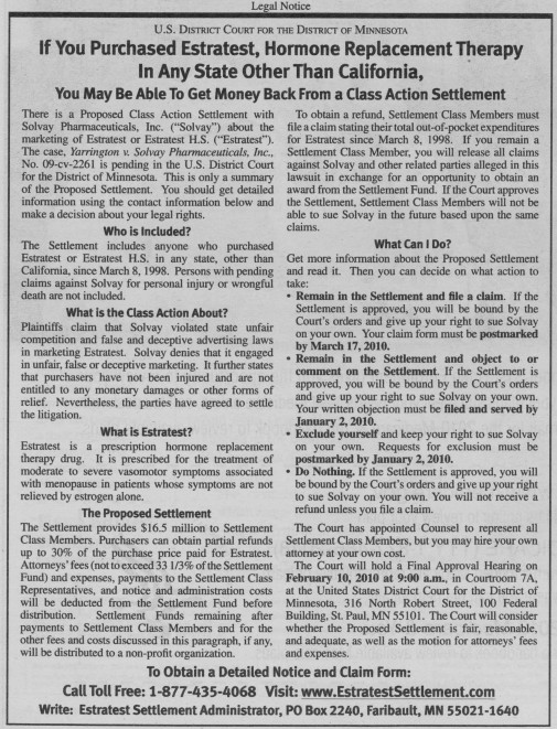 Estratest Hormone Therapy Class Action Lawsuit Settlement